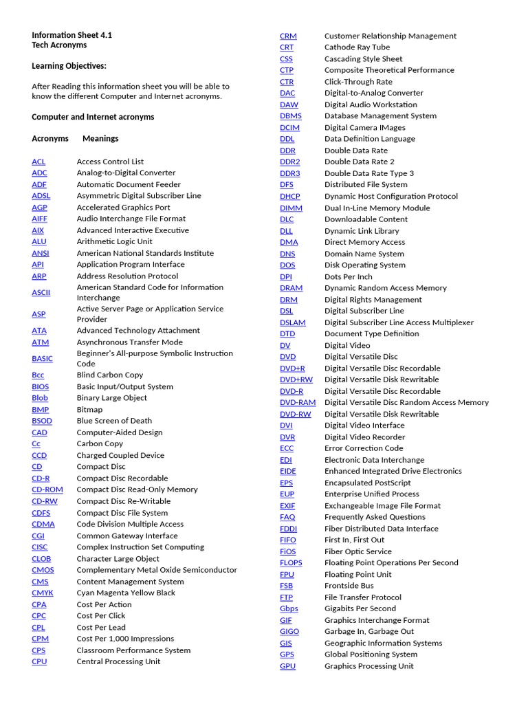 Info Sheet 4.1 - Tech Acronyms | PDF | Computer Network | Internet
