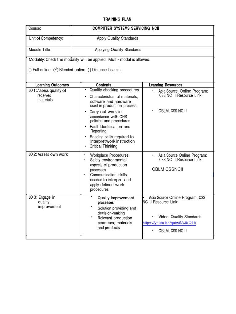 Asia Source Training-Plan-Common-Competency CSS NCII | PDF