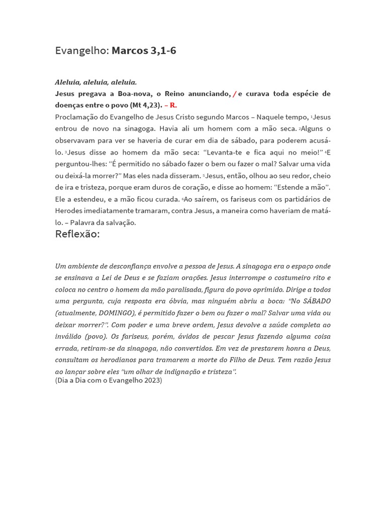 Evangelho Marcos 3,1-6 | PDF