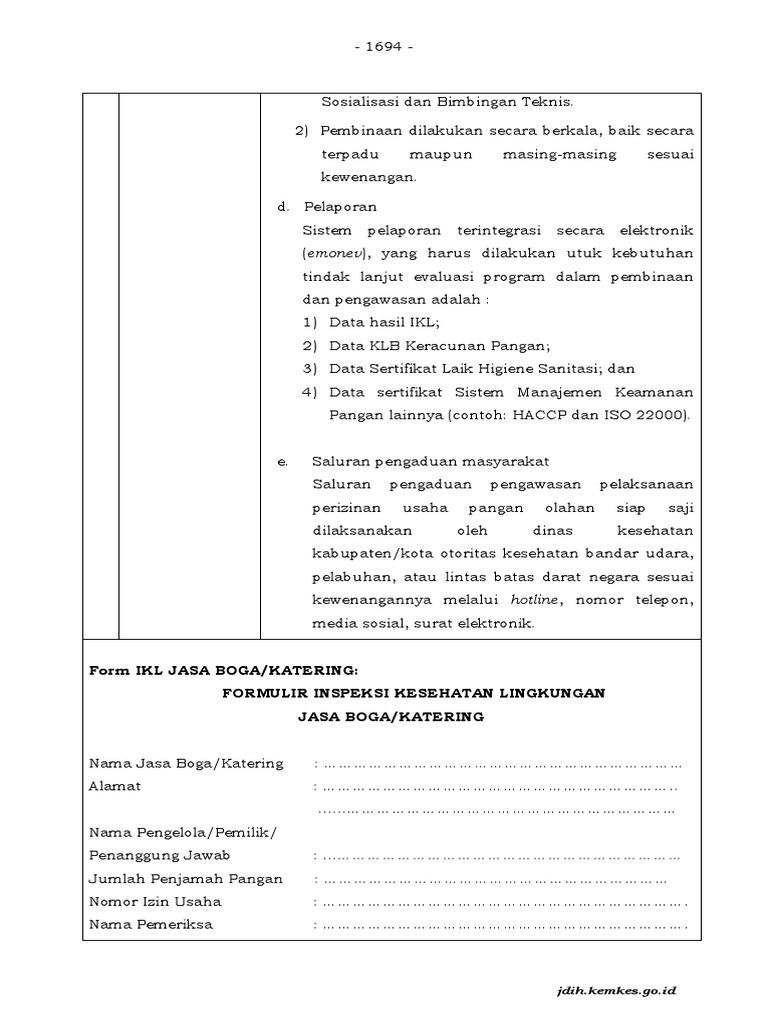 Formulir Inspeksi Jasa Boga, Restoran, Industri Pengelolaan Makanan ...