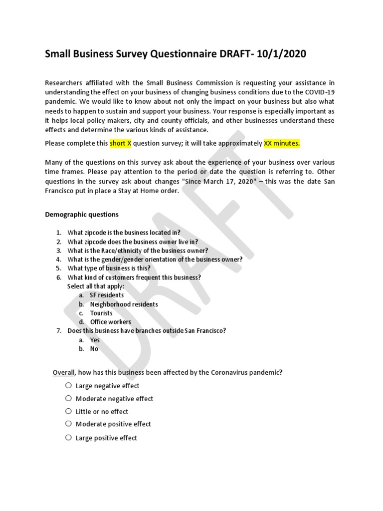 Small Business Survey Questionnaire | PDF | Loans | Small Business ... Small Business Survey Questionnaire | PDF | Loans | Small Business ...