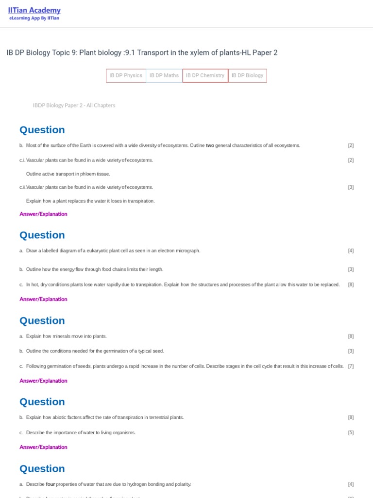 IB DP Biology Topic 9 - Plant Biology - 9.1 Transport in The Xylem of ...