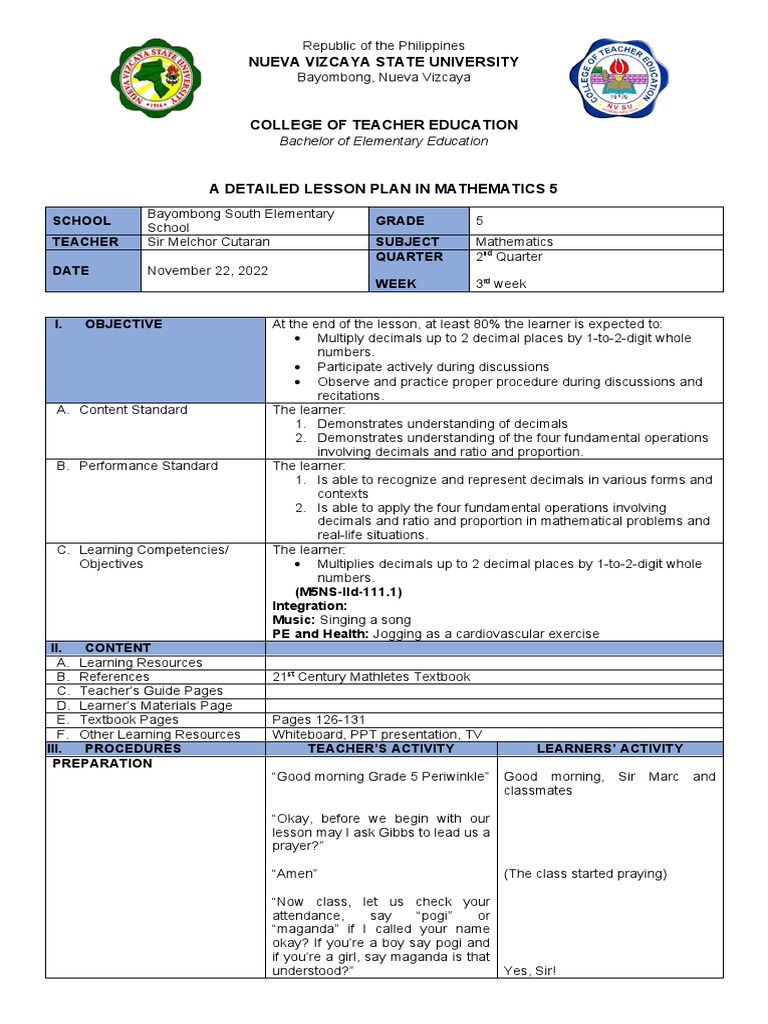 Detailed Lesson Plan in Mathematics | PDF
