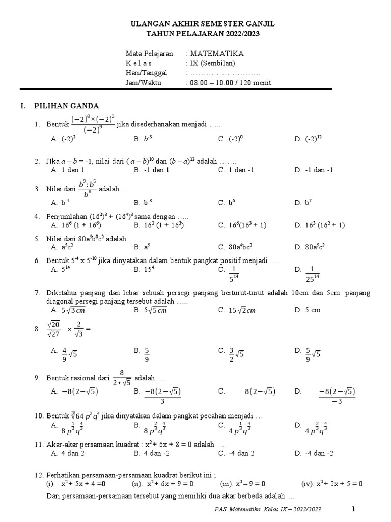 Soal Matematika 9 PAS | PDF