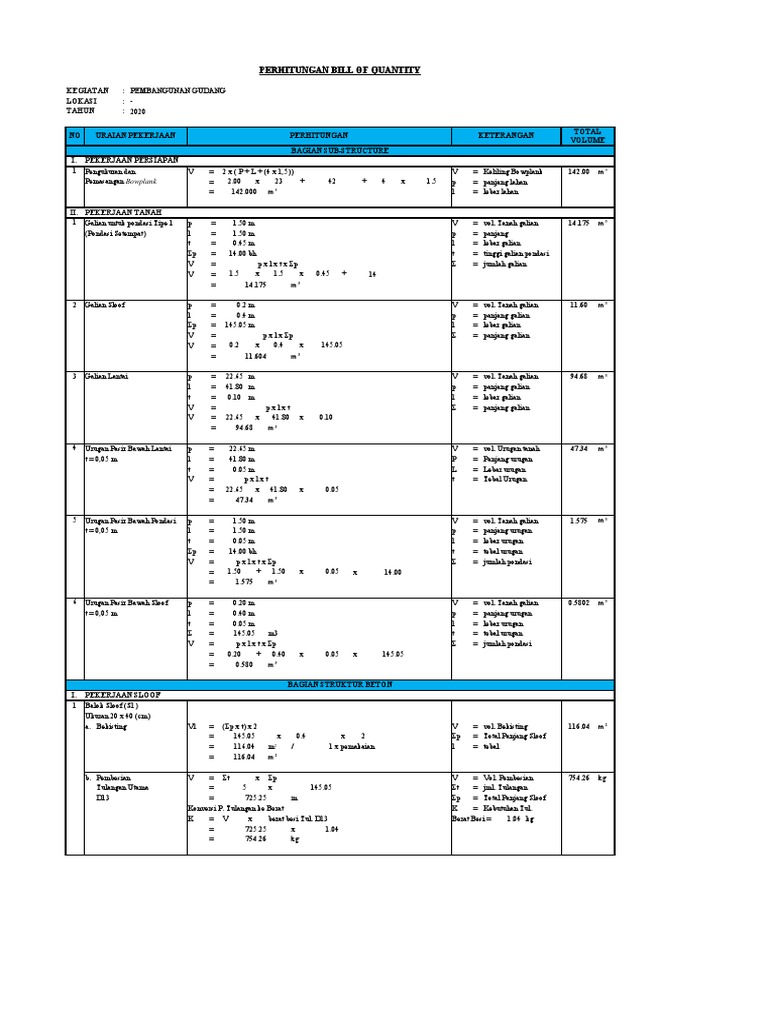 BILL OF QUANTITY CALCULATION | PDF