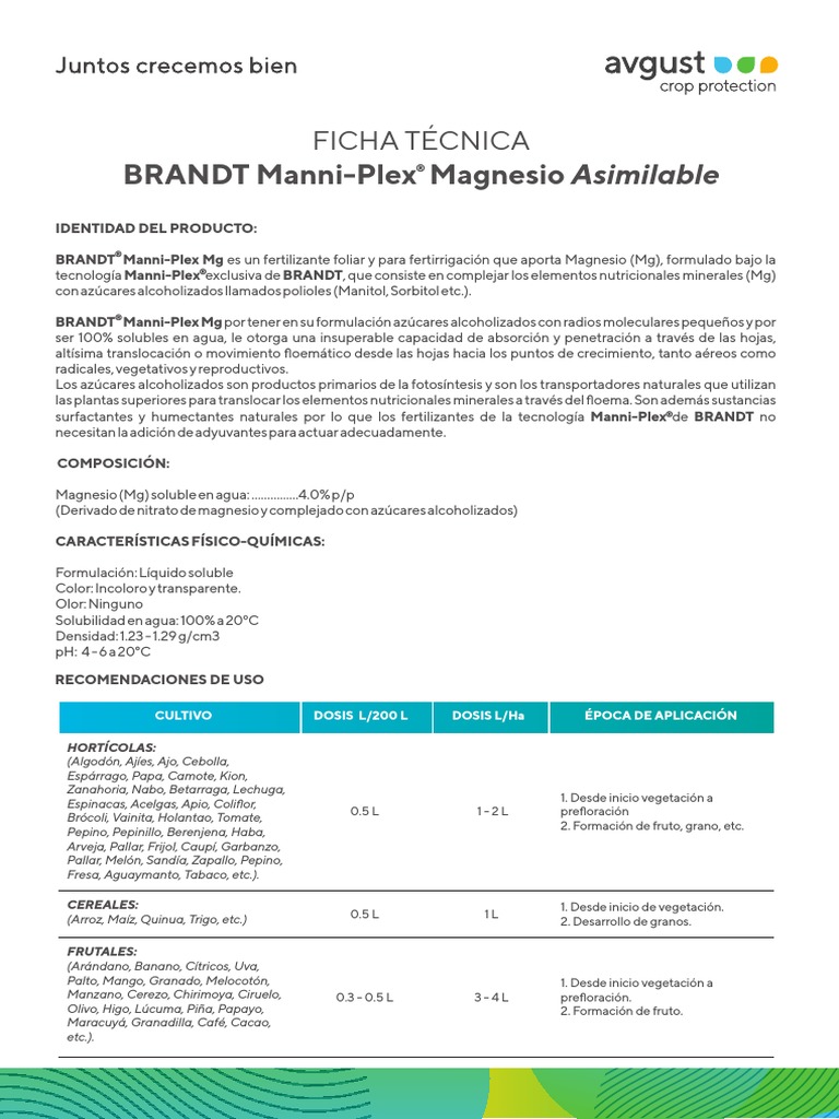 Fertilizante Foliar BRANDT Manni-Plex Mg | PDF | Fertilizante | Agua