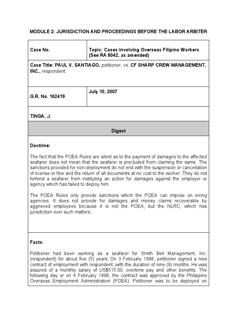 Santiago VS CF Sharp Crew Management | PDF