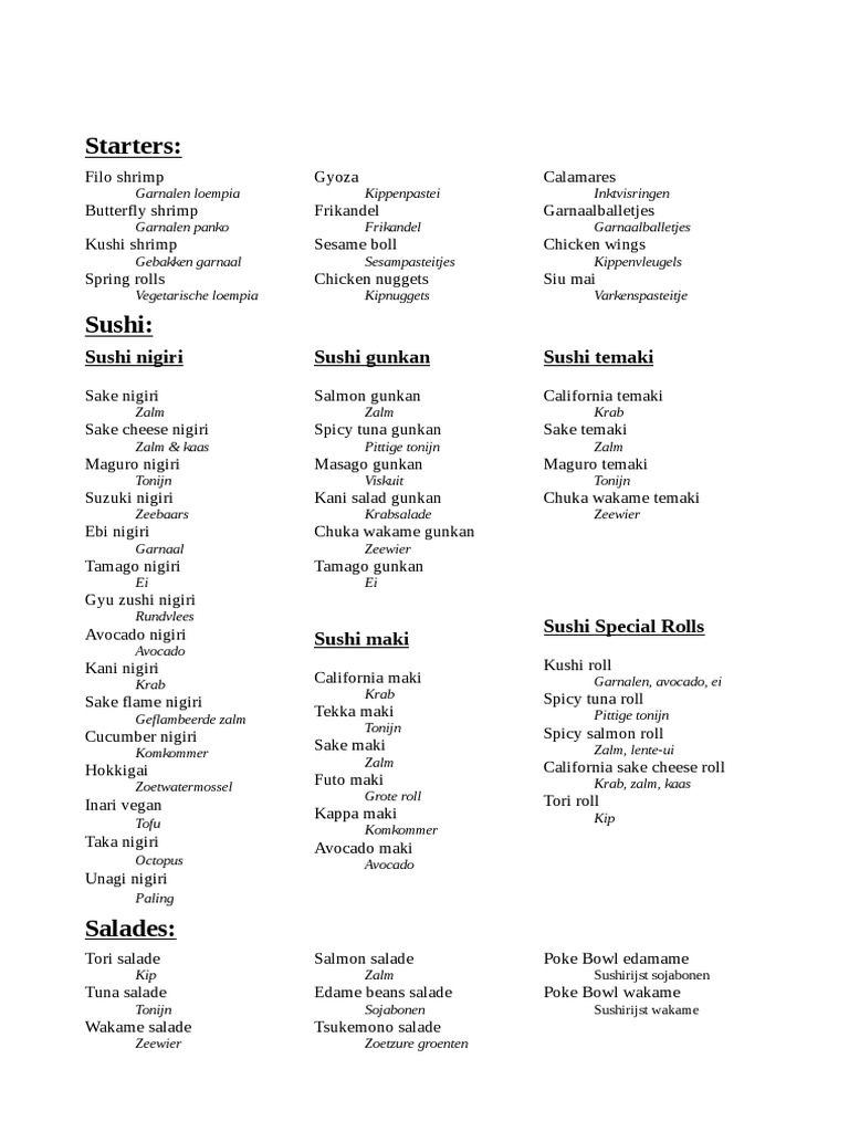 Hamachi Menu Kaart | PDF