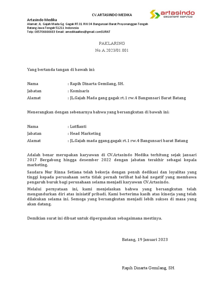 Paklaring CV Artasindo | PDF