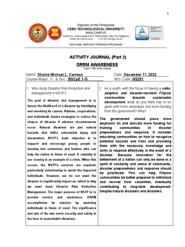 DRRM Awareness Part II-Carreon | PDF | Emergency Management | Risk