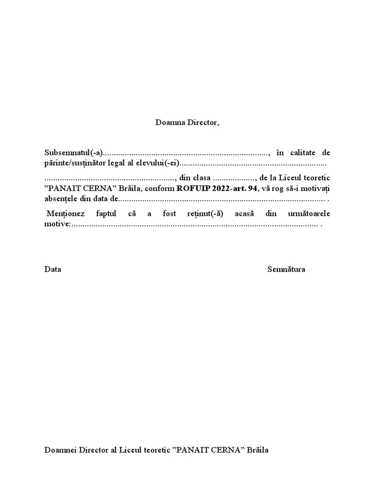 Model Cerere Motivare Absente | PDF