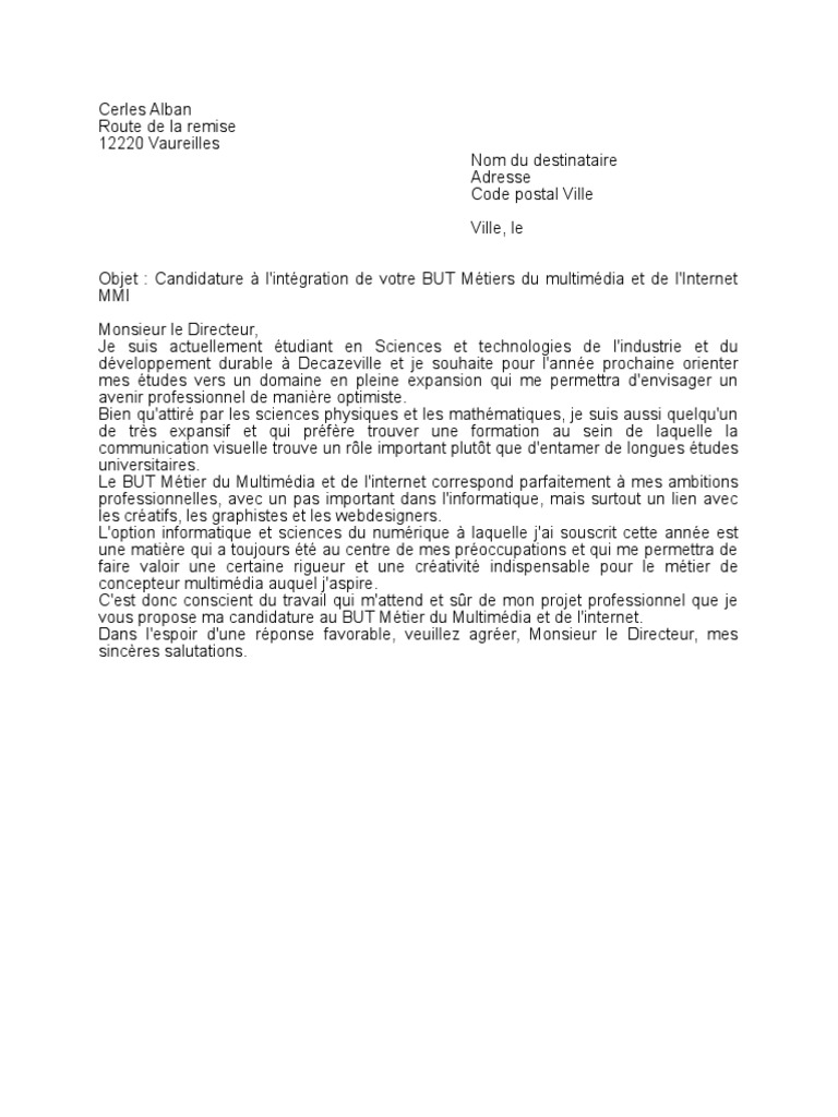 Lettre de Motivation BUT MMI | PDF