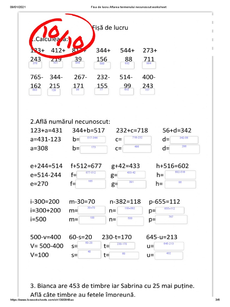 Fisa de Lucru Aflarea Termenului Necunoscut Worksheet | PDF