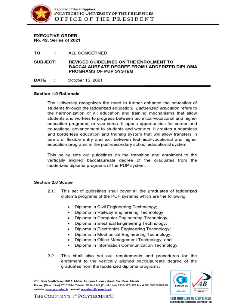 Executive Order No. 42 Revised Guidelines On The Enrolment To ...