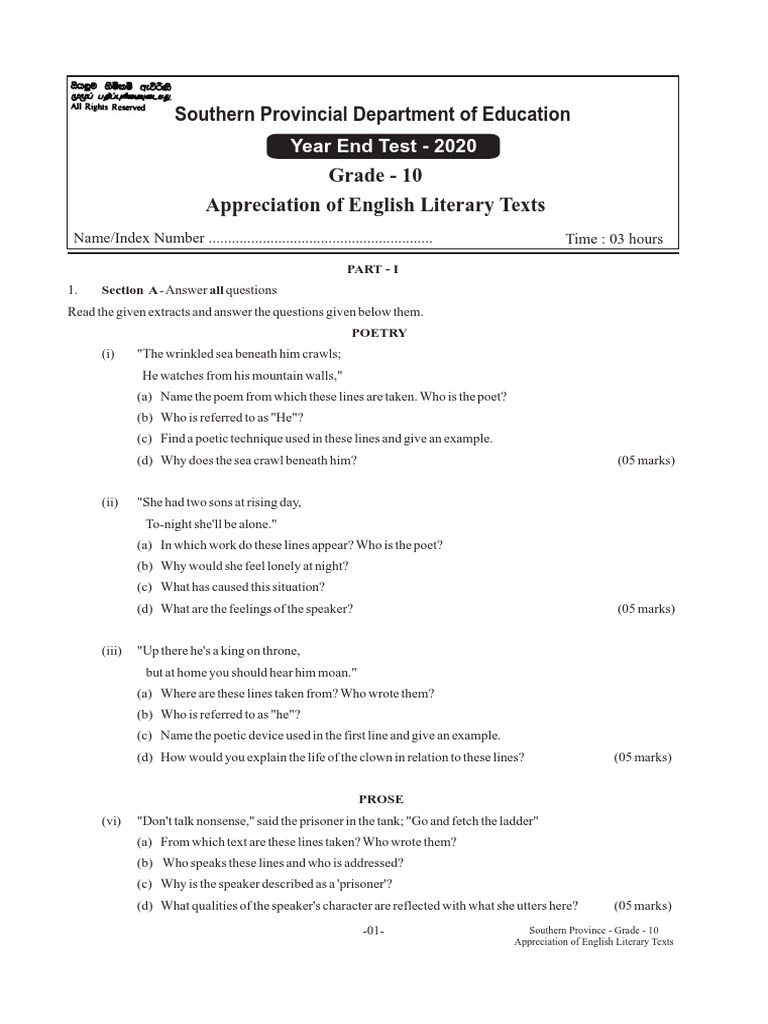 Grade 10 English Literature Test 2020 | PDF | Poetry