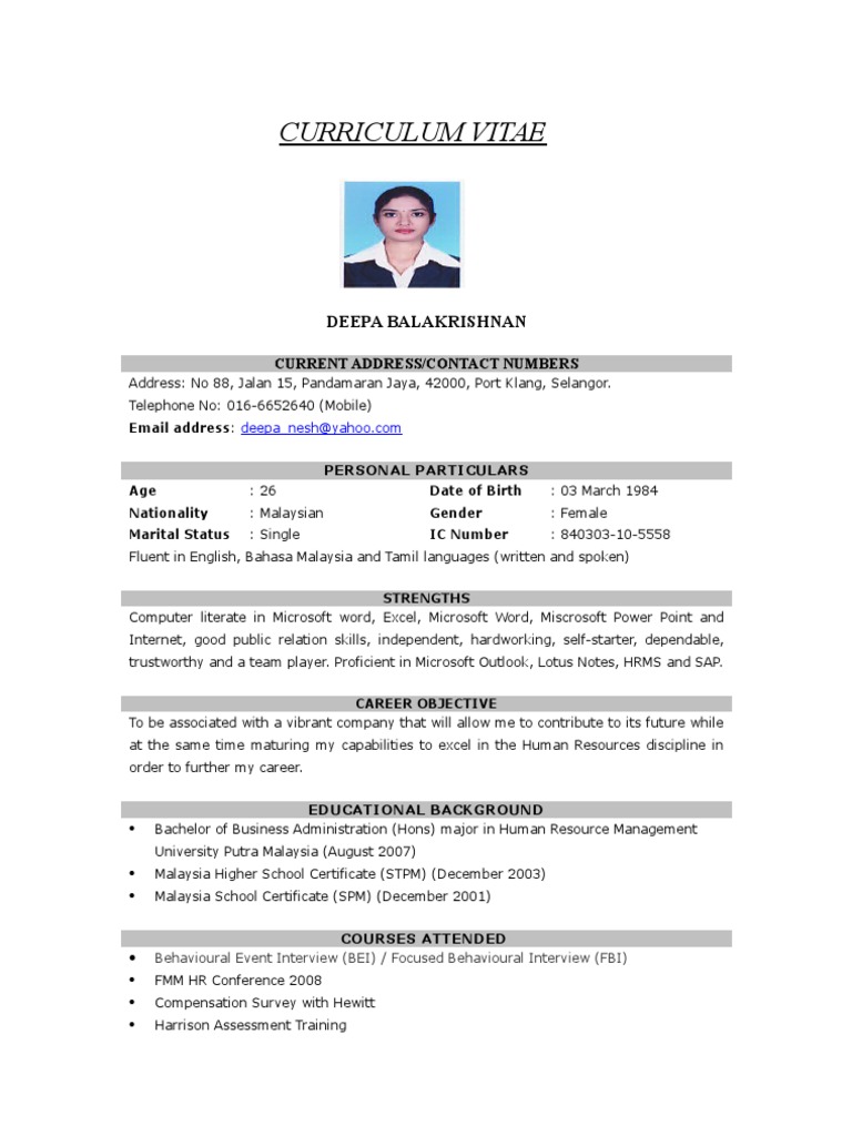 Curriculum Vitae Deepa Balakrishnan | PDF | Human Resource Management ...