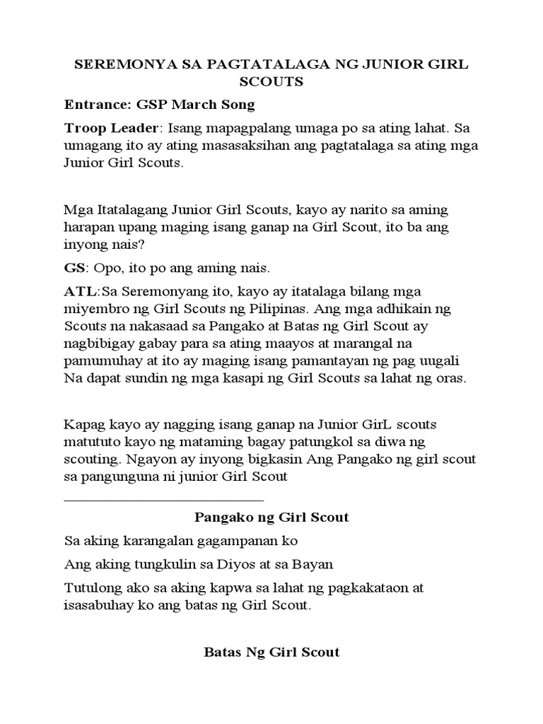 Seremonya Sa Pagtatalaga NG Junior Girl Scout | PDF