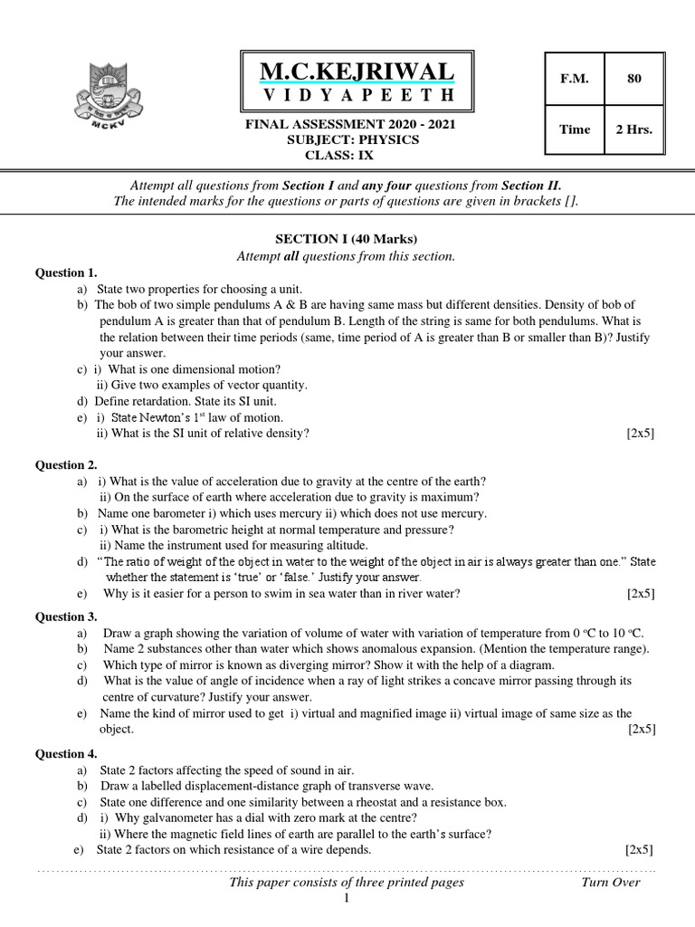 CL 9 - Final Assessment 2020-2021 Physics | PDF | Weight | Pendulum
