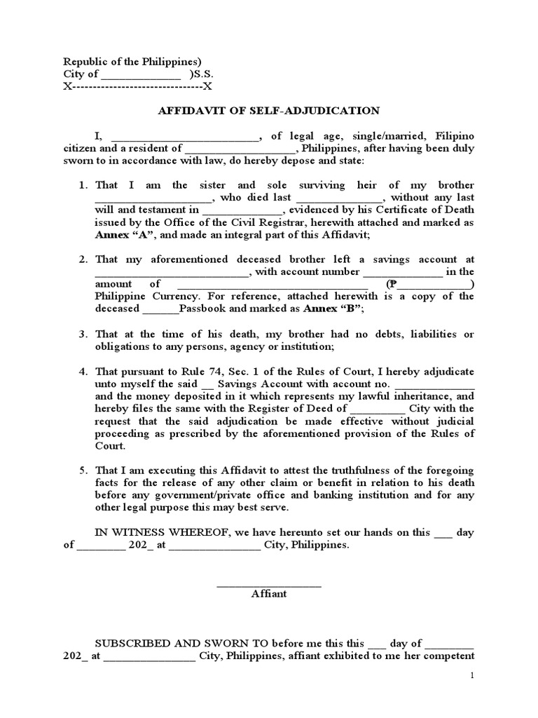 Affidavit of Sel-Adjudication Sample Template | PDF | Affidavit ...