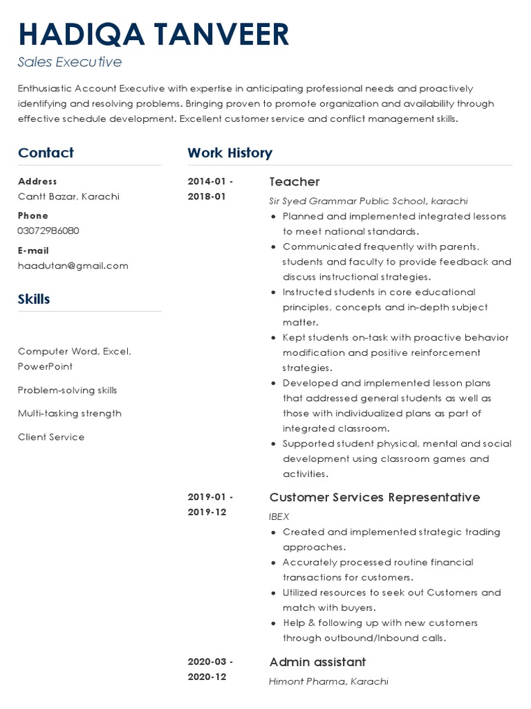 CopyofHADIQA TANVEER Resume | PDF | Sales | Customer