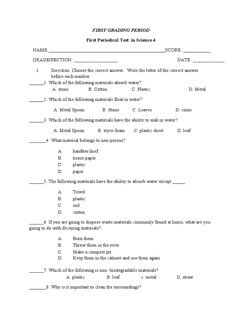 Science 4 First Periodical Test | PDF