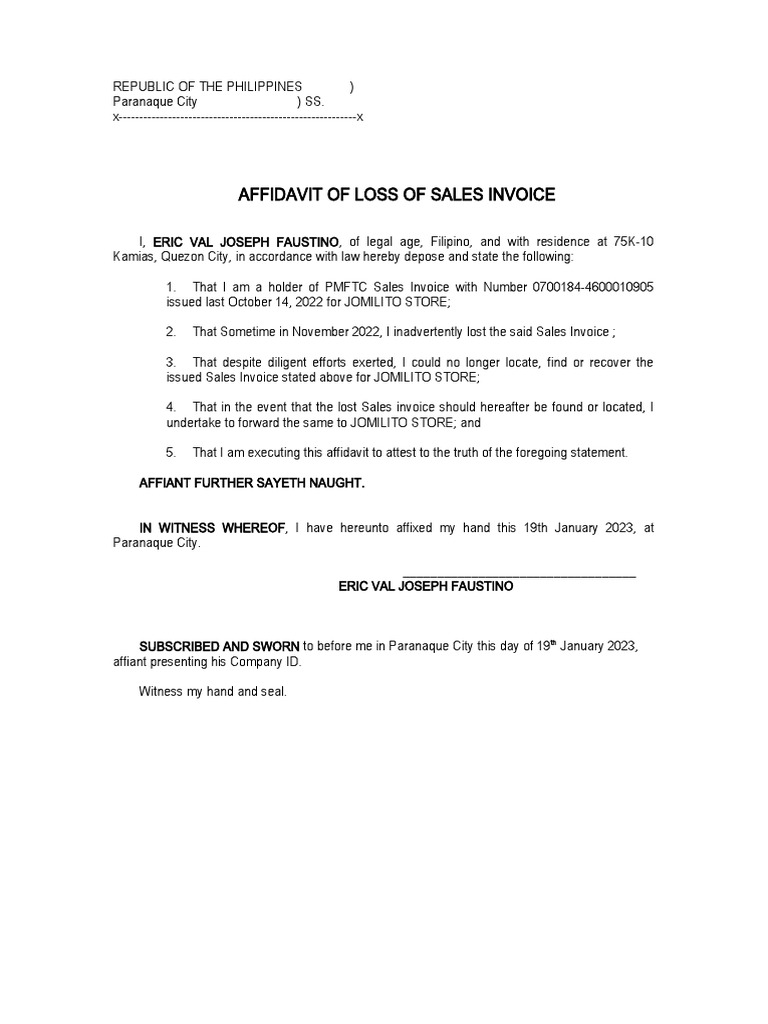 Affidavit Sales Invoice | PDF