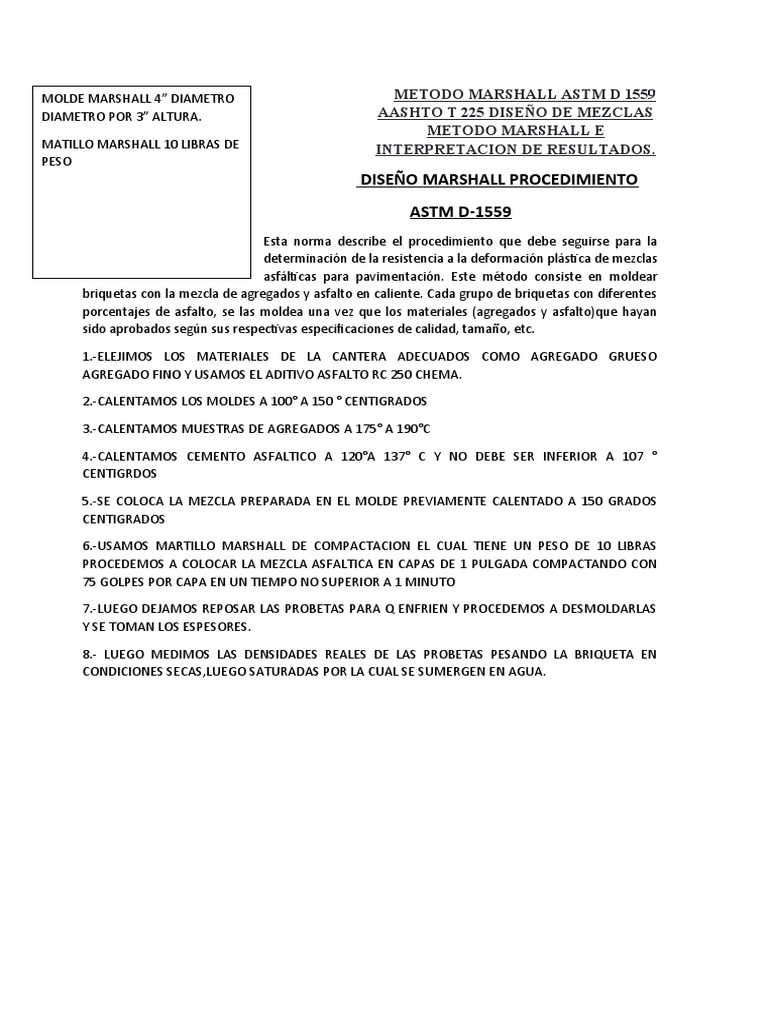 Método Marshall ASTM D 1559 para Asfaltos | PDF | Ciencia y matemáticas ...