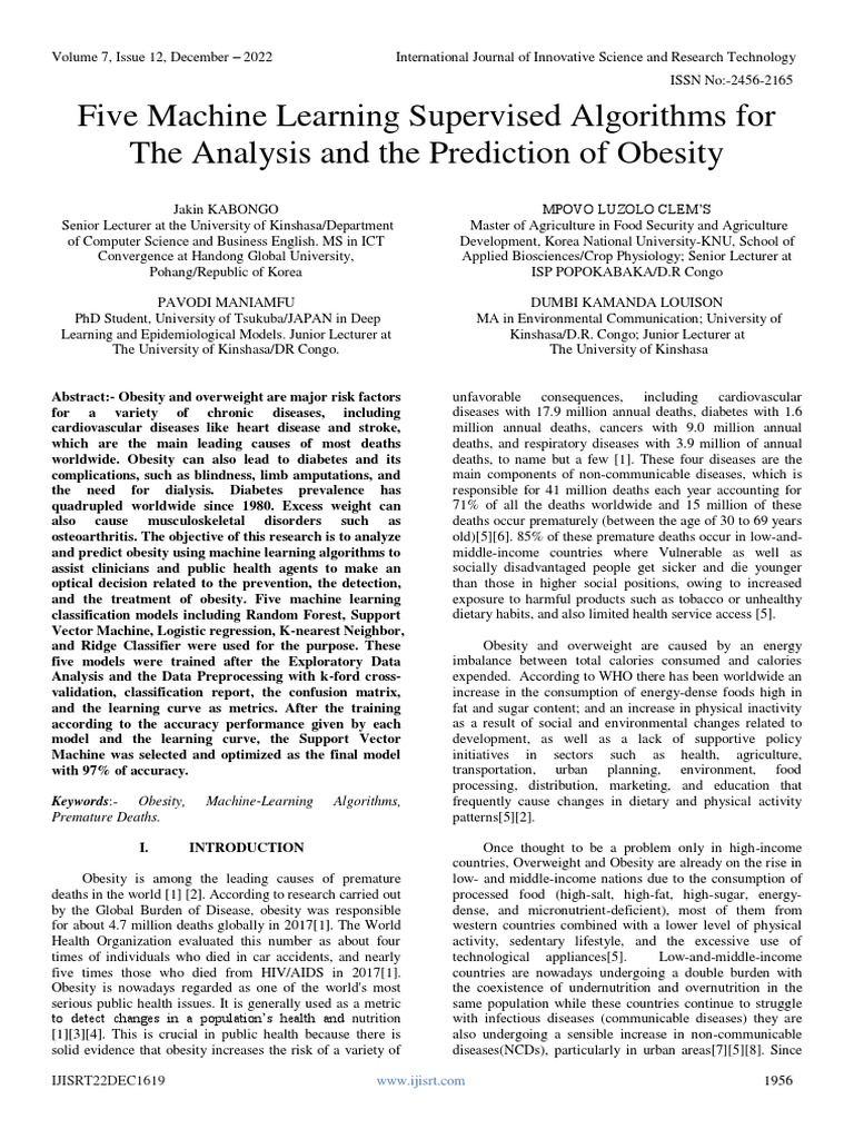 Five Machine Learning Supervised Algorithms For The Analysis and The Prediction of Obesity | PDF ...