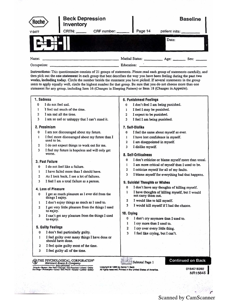 Beck Depression Inventory (BDI) | PDF