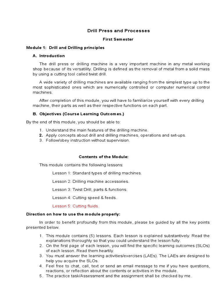 Module 1 - Drill Press and Processes | Download Free PDF | Drill | Drilling