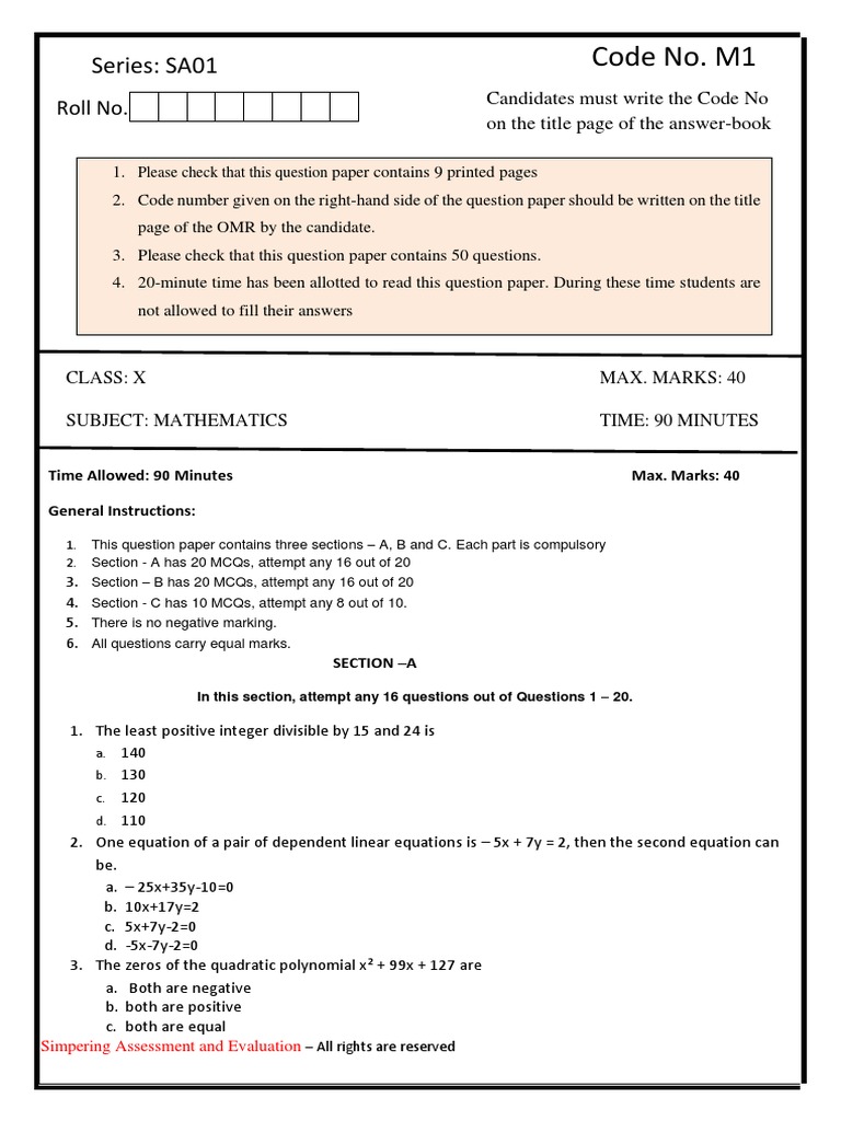 Code No. M1: Series: SA01 | PDF | Numbers | Polynomial
