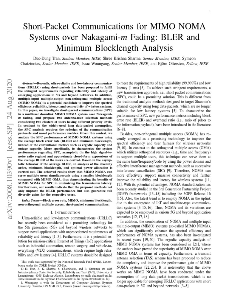Analysis of Short-Packet Communications Performance in Multi-User MIMO NOMA Systems over ...
