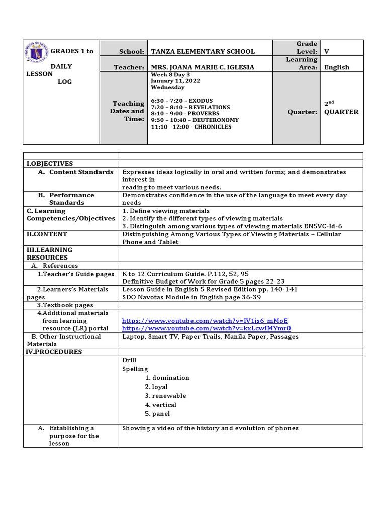 Grade 5 English Lesson Plan: Viewing Materials | PDF | Mobile Phones | Learning