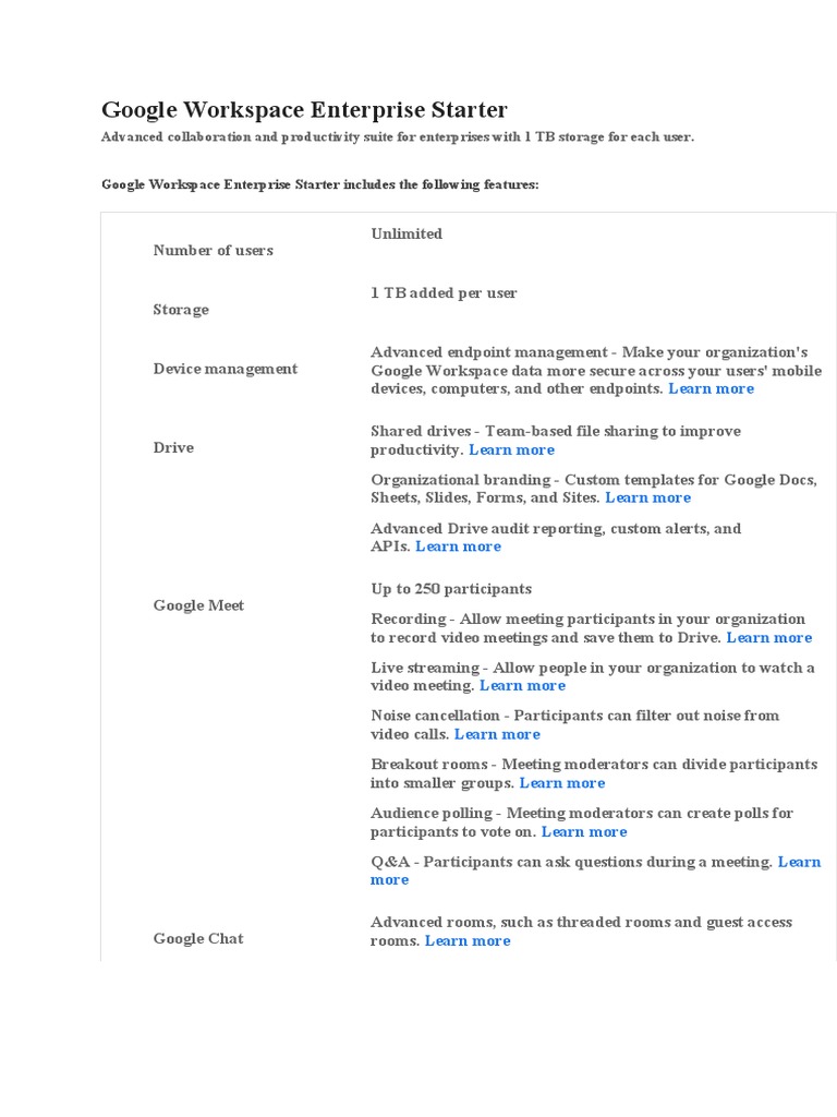 Google Workspace Enterprise Starter | PDF | Computing | Online Services