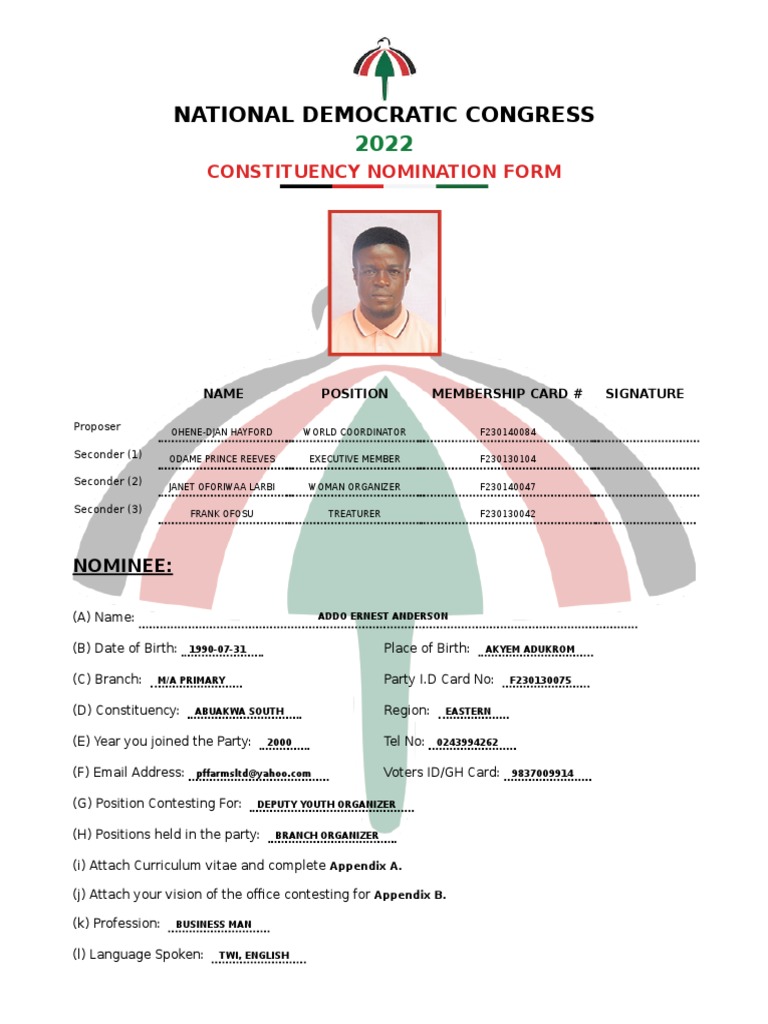 National Democratic Congress: Constituency Nomination Form | PDF ...