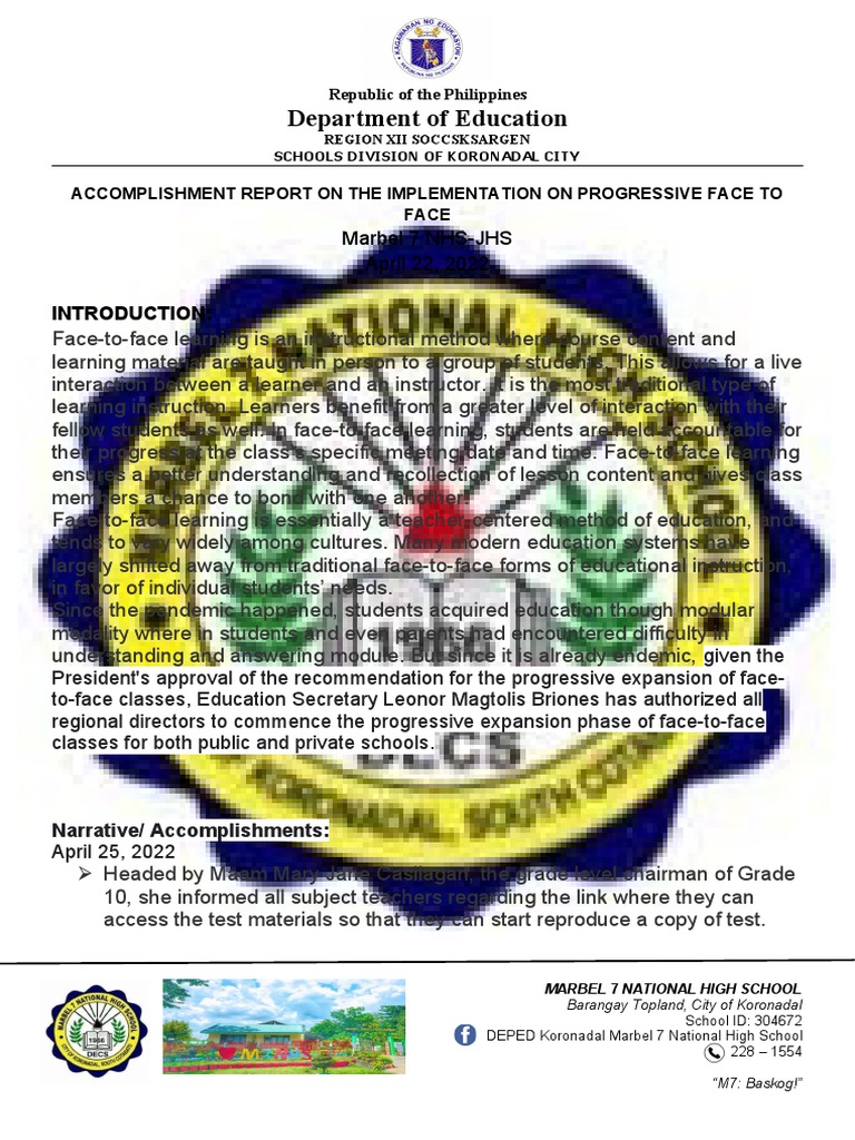 Accomplishment On Face To Face | PDF | Learning | Cognitive Science