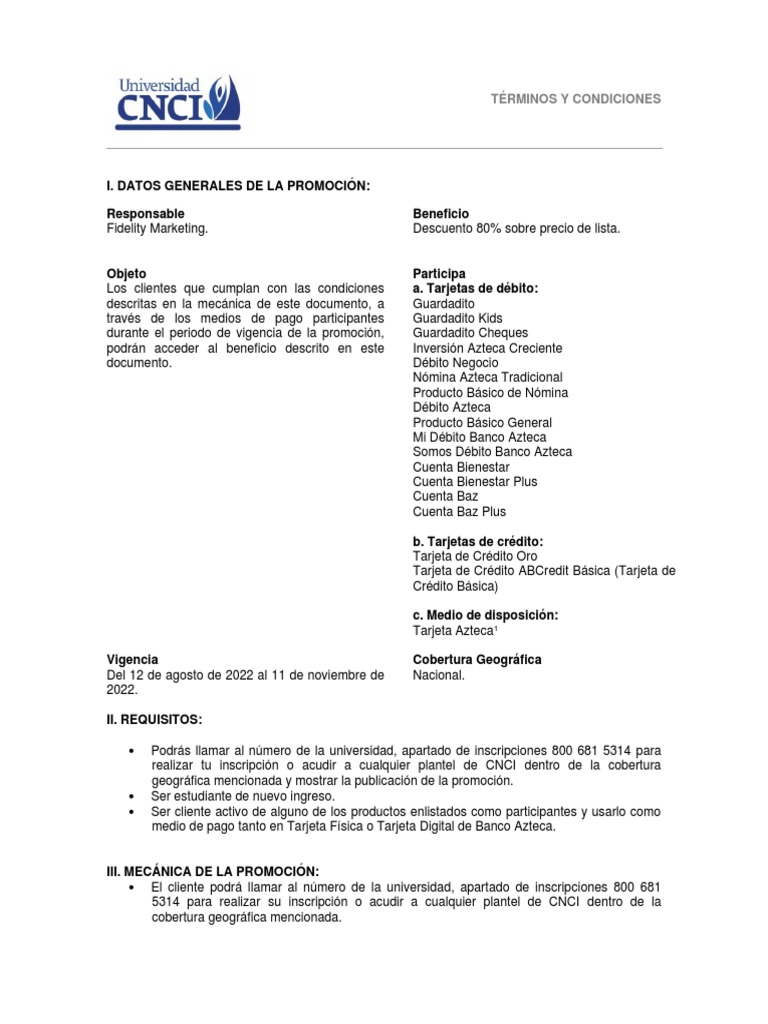 CNCI Terminos y Condiciones | PDF | Tarjeta de débito | Bancos