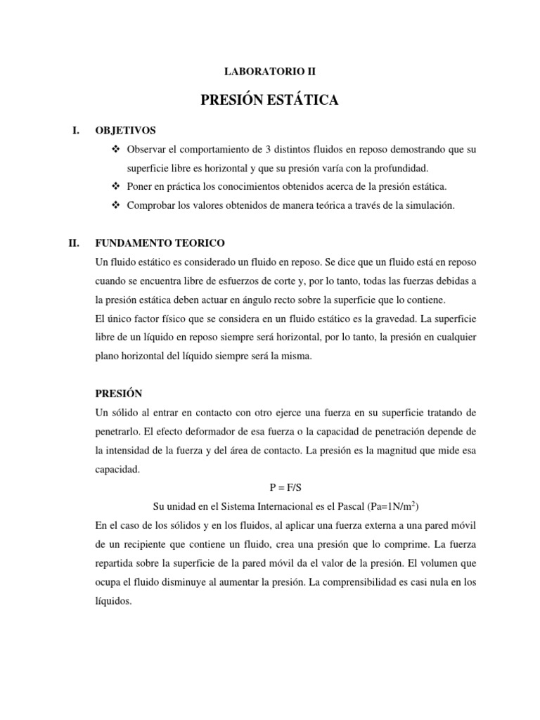 LABORATORIO - PRESIÓN ESTÁTICA Ac | PDF | Presión | Fuerza