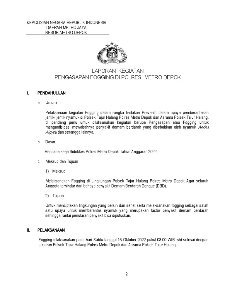 Laporan Hasil Kegiatan Pengaspasan Fogging di Polsek Tajur Halang Polres Metro Depok | PDF