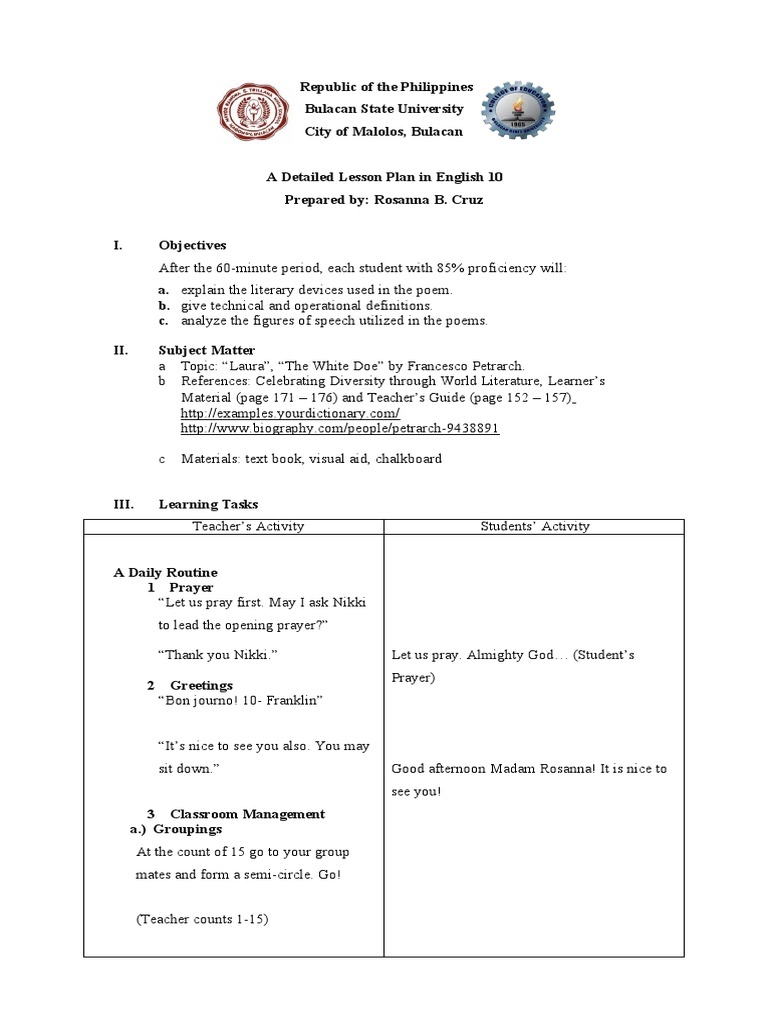 Final Demo Detailed Lesson Plan in English 10 | PDF | Poetry | Rhyme