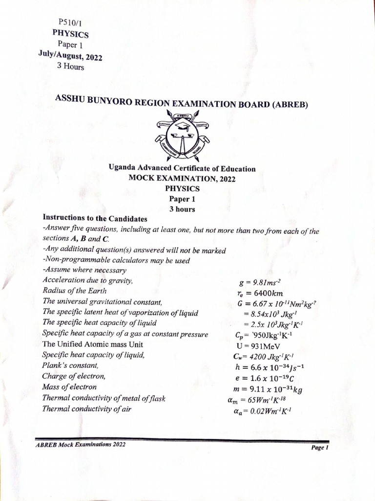 Asshu Bunyoro Region Uace Phy 1 | PDF