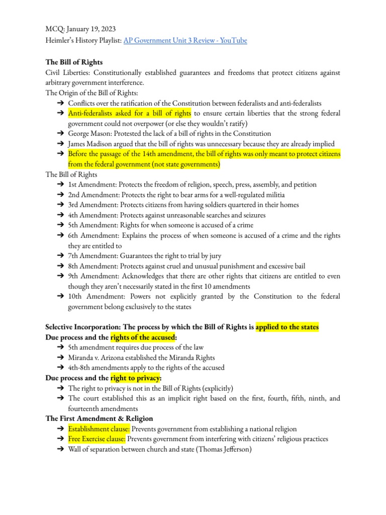 AP Gov Midyear Exam Study Guide | PDF | United States Bill Of Rights ...