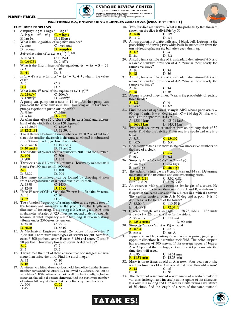 Mesl Mastery Part 1-Answer Key | PDF | Logarithm | Variance