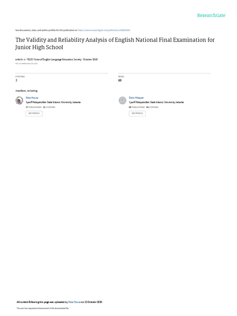 The Validity And Reliability Analysis Of English N Pdf Validity