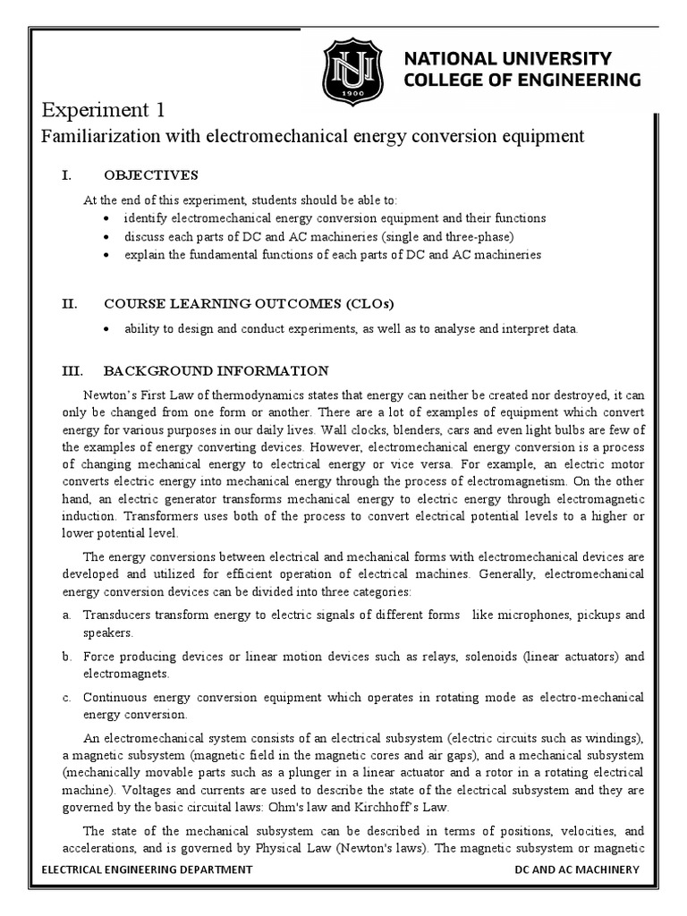 EXPERIMENT 1 - Familiarization | PDF | Electric Motor | Magnetic Field