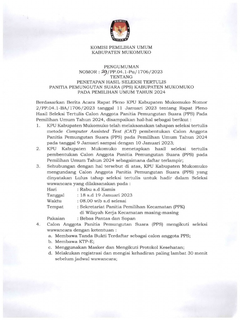 Pengumuman Hasil Seleksi Tertulis PPS Untuk Pemilu TH 2024 | PDF