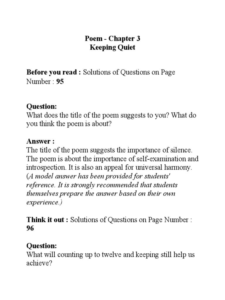 Keeping Quiet Solutions Class 12 | PDF | Thought | Psychological Concepts