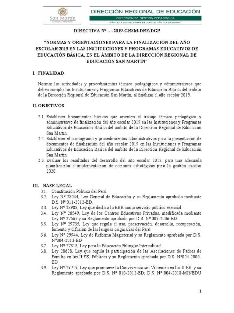 Directiva de Finalización Del Año Escolar 2019 - 00596 | PDF | Plan de estudios | Educación primaria