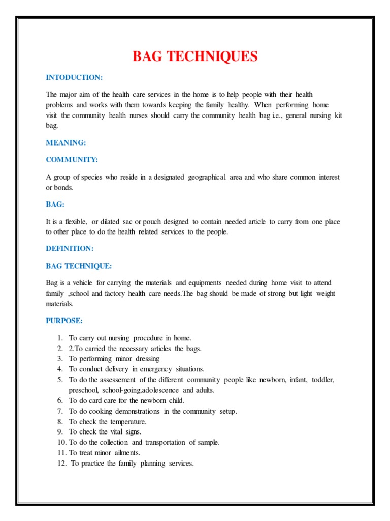 Bag Technique in Community Health Nursing | PDF | Hand Washing ...