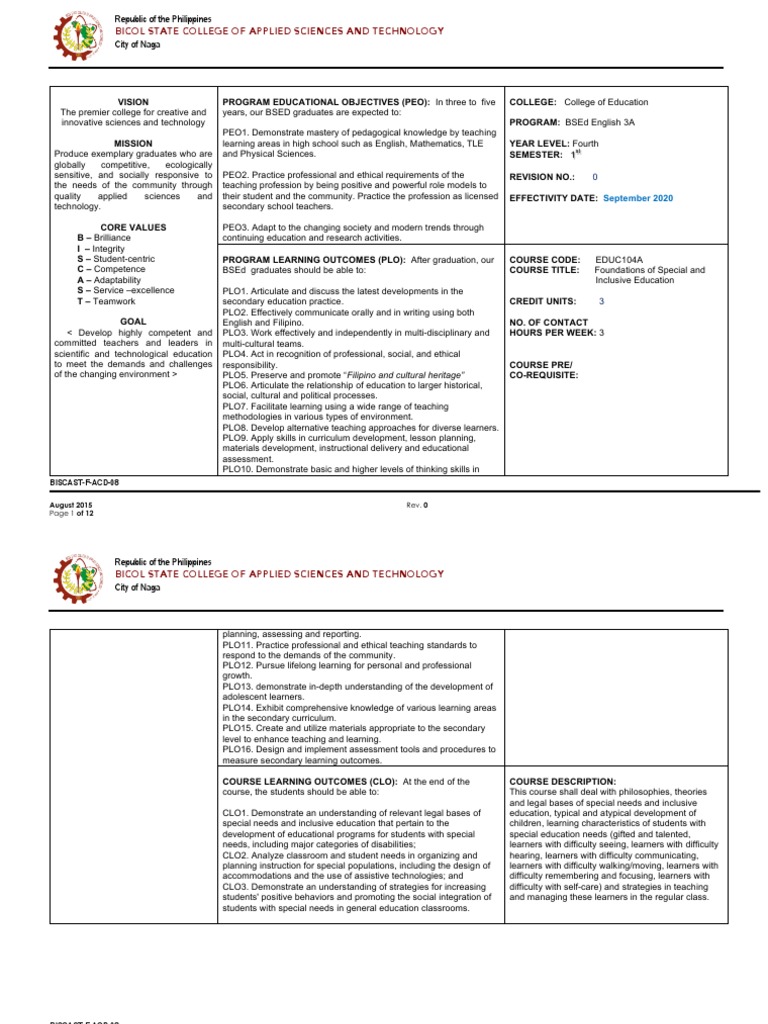 Course Syllabus - Special Inclusive and Education | PDF | Career & Growth